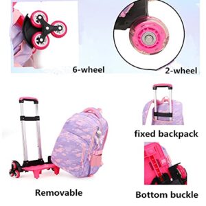 Stripe Rolling Trolley Bag Wheeled Backpack for Girls Primary Geometric Schoolbag Elementary Bookbag (Purple Pink)