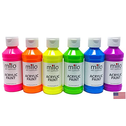 milo Fluorescent Acrylic Paint Set of 6 Colors | 4 oz Bottles | Student Neon Colors Acrylics Painting Pack | Made in the USA | Non-Toxic Art & Craft Paints for Artists, Kids, & Hobby Painters | Glows UV in Black Light