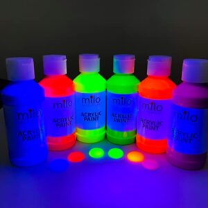 milo Fluorescent Acrylic Paint Set of 6 Colors | 4 oz Bottles | Student Neon Colors Acrylics Painting Pack | Made in the USA | Non-Toxic Art & Craft Paints for Artists, Kids, & Hobby Painters | Glows UV in Black Light