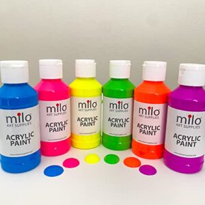 milo Fluorescent Acrylic Paint Set of 6 Colors | 4 oz Bottles | Student Neon Colors Acrylics Painting Pack | Made in the USA | Non-Toxic Art & Craft Paints for Artists, Kids, & Hobby Painters | Glows UV in Black Light