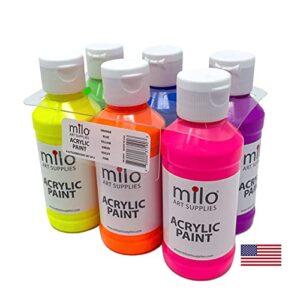 milo Fluorescent Acrylic Paint Set of 6 Colors | 4 oz Bottles | Student Neon Colors Acrylics Painting Pack | Made in the USA | Non-Toxic Art & Craft Paints for Artists, Kids, & Hobby Painters | Glows UV in Black Light