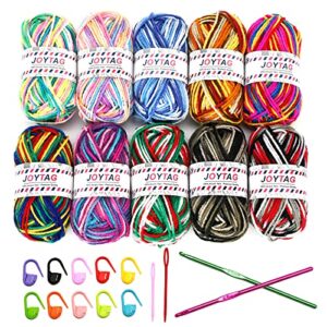 joytag 10 acrylic yarn skeins,multicolor crochet craft yarn for crocheting and knitting,with crochet hooks knitting needles stitch markers,crochet yarn starter kit for beginners(650 yard/250g)