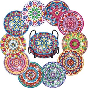 billbotk diamond painting art coasters kits, 10 pieces mandala diamond painting coasters with holder, arts and crafts for adults