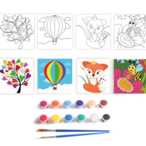 Aosemili Acrylic Paint Set for Kids - 4 Pre-Stenciled Painting Canvas Panels 8 x 8 inches with 12 Paints 2 Brushes for Girls Boys and Beginners