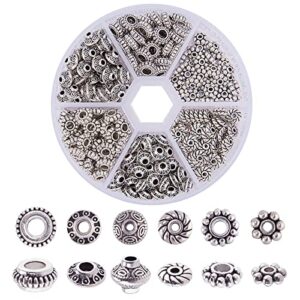 ph pandahall 300pcs 6 style antique silver spacer beads, tibetan metal alloy jewelry beads tube spacers flower flat rondelle small loose beads for bracelet necklace earring jewelry making supplies