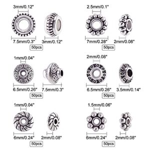 PH PandaHall 300pcs 6 Style Antique Silver Spacer Beads, Tibetan Metal Alloy Jewelry Beads Tube Spacers Flower Flat Rondelle Small Loose Beads for Bracelet Necklace Earring Jewelry Making Supplies