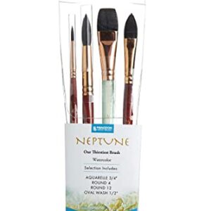 Princeton Artist Brush Neptune Series 4750 - 4-Piece Synthetic Squirrel Watercolor Paint Brush Set- Includes Aquarelle ¾” Oval Wash ½ & 2 Round Brushes Sizes 4 & 12