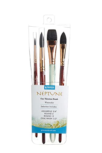 Princeton Artist Brush Neptune Series 4750 - 4-Piece Synthetic Squirrel Watercolor Paint Brush Set- Includes Aquarelle ¾” Oval Wash ½ & 2 Round Brushes Sizes 4 & 12