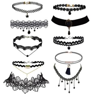 trasfit 10 pieces lace choker necklace for women girls, black classic velvet stretch punk gothic tattoo lace (10 style #1)