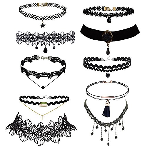 Trasfit 10 Pieces Lace Choker Necklace for Women Girls, Black Classic Velvet Stretch Punk Gothic Tattoo Lace (10 Style #1)