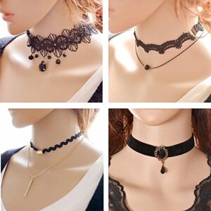 Trasfit 10 Pieces Lace Choker Necklace for Women Girls, Black Classic Velvet Stretch Punk Gothic Tattoo Lace (10 Style #1)