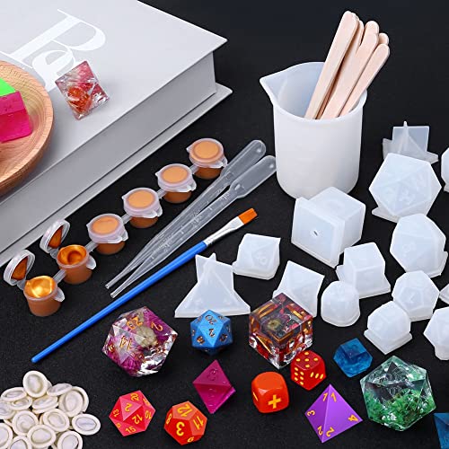 Resin Dice Molds, Shynek 19 Styles Polyhedral Game Dice Molds Set with Silicone Dice Mold, Mixing Sticks, Measuring Cup, Droppers, Acrylic Paints Set for Epoxy Resin Dice Making