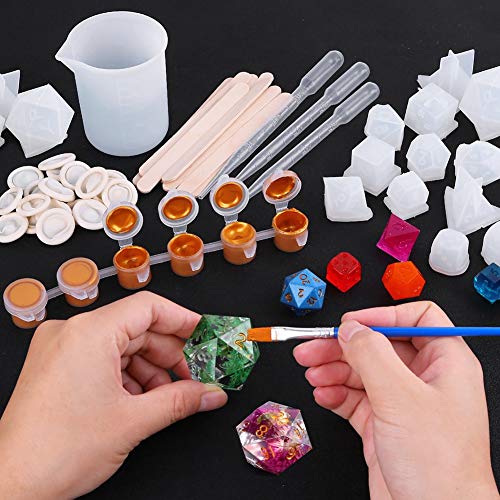 Resin Dice Molds, Shynek 19 Styles Polyhedral Game Dice Molds Set with Silicone Dice Mold, Mixing Sticks, Measuring Cup, Droppers, Acrylic Paints Set for Epoxy Resin Dice Making