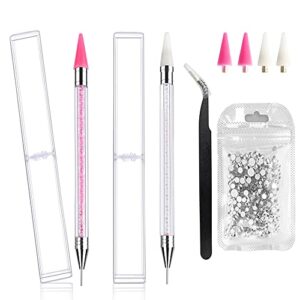 8 in 1 pack, 2 dual-ended wax pen for rhinestone picker dotting pen wax pencil for diy nails art, 4 wax tip rhinestone pen applicator gem jewel picker tool, pickup tweezer, 500 crystals rhinestones.