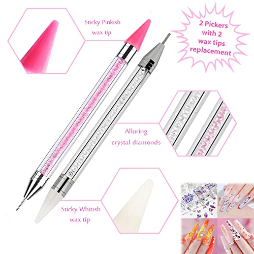 8 In 1 Pack, 2 Dual-ended Wax Pen for Rhinestone Picker Dotting Pen Wax Pencil for DIY Nails Art, 4 Wax Tip Rhinestone Pen Applicator Gem Jewel Picker Tool, Pickup Tweezer, 500 Crystals Rhinestones.