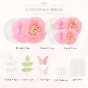 Fonder Mols Tissue Paper Chrysanth Flowers with Butterfly and Olive Leaves for Wedding Baby Shower Nursery Room Parties & Events Decorations Pom Poms (Set of 21, White Pink)