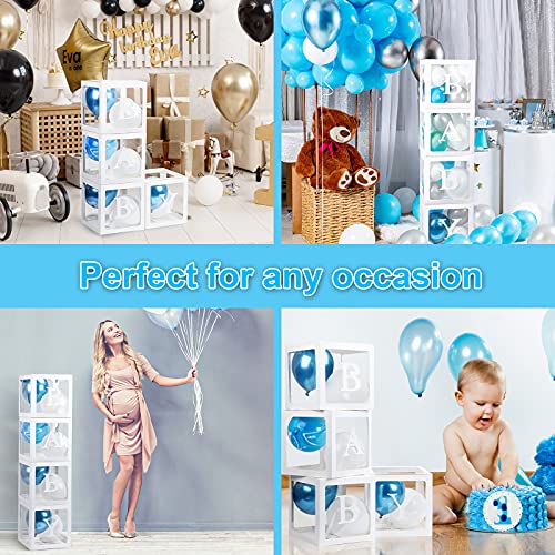 Keencopper Baby Boxes with 12 Letters for Baby Shower, Baby Shower Decorations for Boy Or Girl, 4 Pcs Transparent Balloon Boxes Clear Blocks for 1st Birthday, Gender Reveal Party Supplies Background