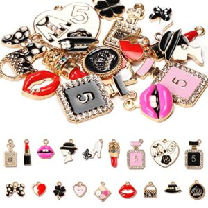 bigotters 38pcs assorted mini gold plated enamel charm set, 18pcs women makeup fashion charms pendant lipstick perfume fashion style charm pendant with 20pcs golden ear hooks in jewelry making