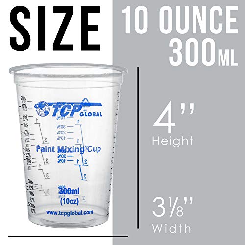 TCP Global 10 Ounce (300ml) Disposable Flexible Clear Graduated Plastic Mixing Cups - Box of 50 Cups & 50 Mixing Sticks - Use for Paint, Resin, Epoxy, Art, Kitchen - Measuring Ratios 2-1, 3-1, 4-1, ML