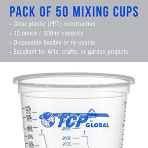 TCP Global 10 Ounce (300ml) Disposable Flexible Clear Graduated Plastic Mixing Cups - Box of 50 Cups & 50 Mixing Sticks - Use for Paint, Resin, Epoxy, Art, Kitchen - Measuring Ratios 2-1, 3-1, 4-1, ML