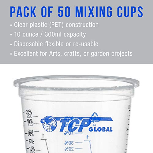 TCP Global 10 Ounce (300ml) Disposable Flexible Clear Graduated Plastic Mixing Cups - Box of 50 Cups & 50 Mixing Sticks - Use for Paint, Resin, Epoxy, Art, Kitchen - Measuring Ratios 2-1, 3-1, 4-1, ML