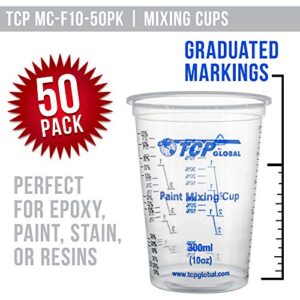 TCP Global 10 Ounce (300ml) Disposable Flexible Clear Graduated Plastic Mixing Cups - Box of 50 Cups & 50 Mixing Sticks - Use for Paint, Resin, Epoxy, Art, Kitchen - Measuring Ratios 2-1, 3-1, 4-1, ML