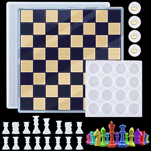 Endoto Chess Set with Checkers Board Silicone Resin Mold, 16 Pieces Full Size 3D Chess Crystal Epoxy Casting Molds for DIY Art Crafts Making, Family Party Board Games and Home Decoration