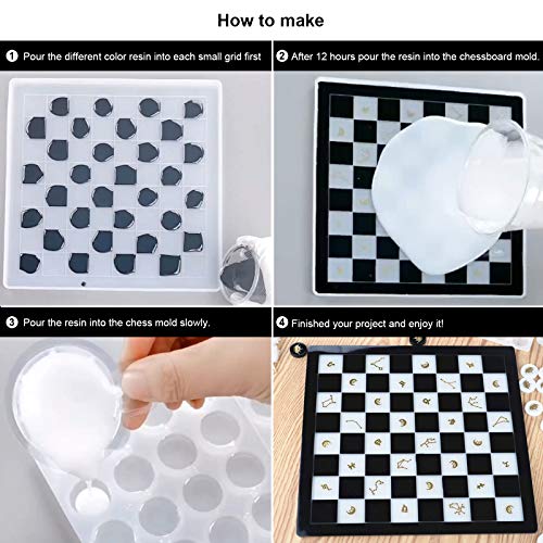 Endoto Chess Set with Checkers Board Silicone Resin Mold, 16 Pieces Full Size 3D Chess Crystal Epoxy Casting Molds for DIY Art Crafts Making, Family Party Board Games and Home Decoration