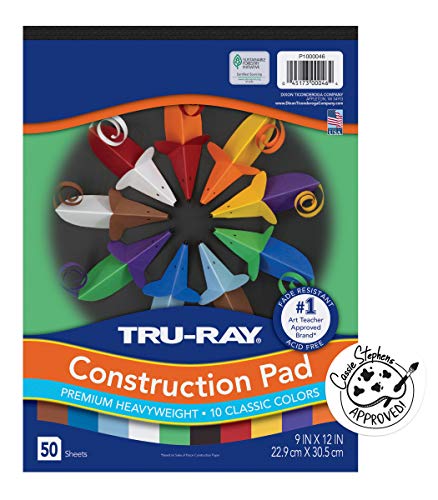 Tru-Ray® Heavyweight Construction Paper Pad, 10 Assorted Colors, 9" x 12", 50 Sheets