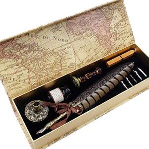 gc quill antique quill pen unique half-patterned feather pen set with 6 nibs 1 bottle of ink 1 seal stamp 1 pen holder 1 sealing wax ll-149