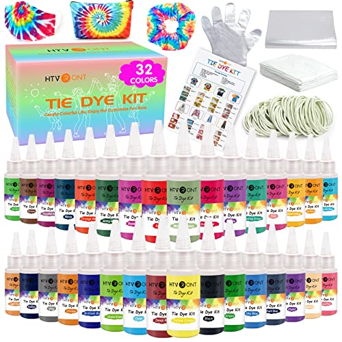 HTVRONT Tie Dye Kit - 32 Vibrant Colors Pre-Filled Bottles Tyedyedye Kit, Permanent Non-Toxic Tie Dye Kit for Large Groups Kids Adults ,Tye Dye Kit for Fabric Textile Handmade Party(Just Add Water)