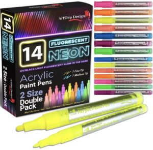 14 pack neon uv fluorescent acrylic paint pens, double pack of both extra fine and medium tip paint markers, for rock painting, mug, ceramic, glass, and more, water based non-toxic and no odor