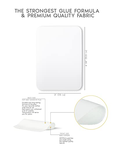 ZEFFFKA Premium Quality Fabric Iron-on Patches Inside & Outside Strongest Glue 100% Cotton White Repair Decorating Kit 12 Pieces Size 3" by 4-1/4" (7.5 cm x 10.5 cm)