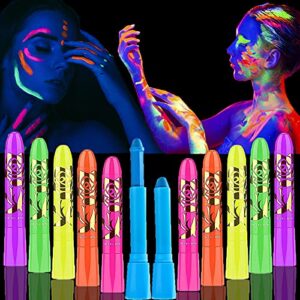 12 pack glow in the dark paint, glow in the dark face body paint glow sticks makeup face painting kits for kids adult, neon face paint crayons for halloween and parties (6 colors)