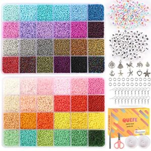 quefe 40000pcs 2mm glass seed beads for jewelry making kit, 440pcs letter beads 100pcs smiley face beads & 100pcs evil eye beads for bracelets necklace ring making diy art craft gifts