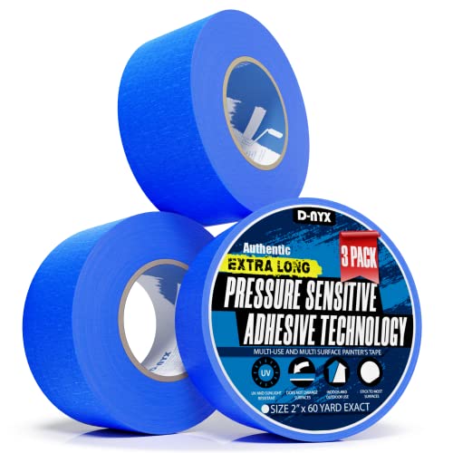 D-NYX 3 Pack Professional Painters Tape (2 inch x 60 Yards) Produces Sharp Lines | Blue Masking Tapes Residue-Free Multi-Surface Spray Paint Tape for Wall Renovation DIY Painting (180 Total Yd)