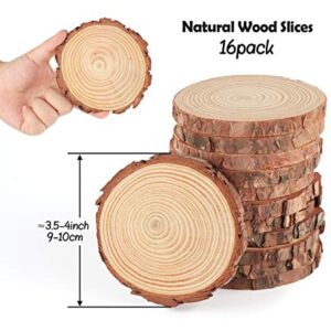 Wood Slices 16Pcs 3.5''-4'' Unfinished Wood Rounds Natural Thicken Slab with Bark for Coasters Centerpieces Wedding Rustic Craft Wooden Christmas Ornaments