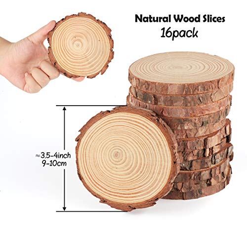 Wood Slices 16Pcs 3.5''-4'' Unfinished Wood Rounds Natural Thicken Slab with Bark for Coasters Centerpieces Wedding Rustic Craft Wooden Christmas Ornaments