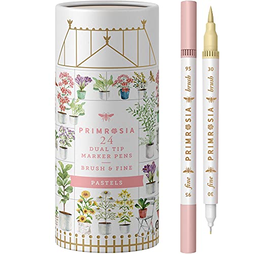 Primrosia 24 Pastel Dual Tip Markers, Fine Tip and Brush. Perfect for art, illustration, drawing, calligraphy and bullet journals