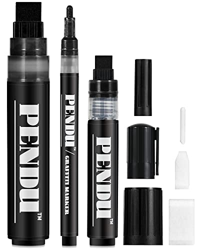 Graffiti Markers - 3 Pack Black Paint Marker Pens, Permanent Oil Based Paint Markers with Fine, Medium, Jumbo Replace Tips, Great on Plastic, Stone, Glass, and Metal