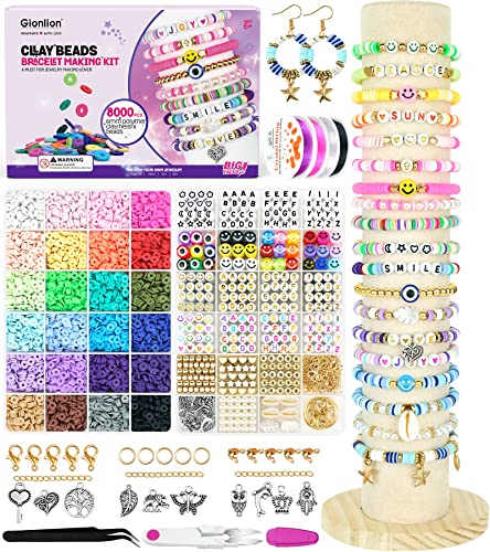 Gionlion 8000 Pcs Clay Beads Kit 2 Boxes for Bracelet Making, 24 Colors Flat Clay Beads Letter Beads Spacer Beads and Charms Kit for Jewelry Making, Jewelry Supplies Crafts Gift for Teen Girls Adults