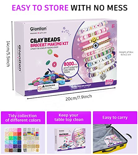 Gionlion 8000 Pcs Clay Beads Kit 2 Boxes for Bracelet Making, 24 Colors Flat Clay Beads Letter Beads Spacer Beads and Charms Kit for Jewelry Making, Jewelry Supplies Crafts Gift for Teen Girls Adults