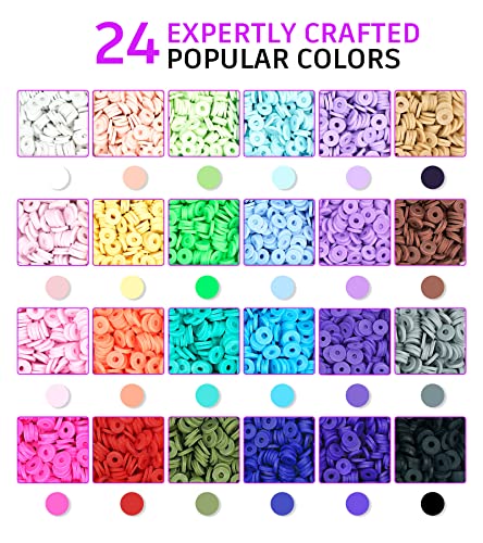 Gionlion 8000 Pcs Clay Beads Kit 2 Boxes for Bracelet Making, 24 Colors Flat Clay Beads Letter Beads Spacer Beads and Charms Kit for Jewelry Making, Jewelry Supplies Crafts Gift for Teen Girls Adults