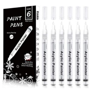 paint pens white marker 6 pack,0.7mm acrylic white permanent marker,white paint pens for rock painting stone ceramic glass wood plastic glass metal canvas water-based extra fine point