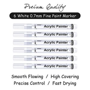 Paint Pens White Marker 6 Pack,0.7mm Acrylic White Permanent Marker,White Paint Pens for Rock Painting Stone Ceramic Glass Wood Plastic Glass Metal Canvas Water-based Extra Fine Point