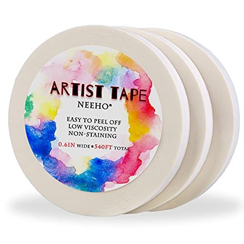 Artist Tape for Drafting Art, Neeho 3 Pack Acid-Free White Masking Tape for Watercolor Painting Canvas Framing, 0.6inch Wide 540FT Long Total