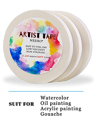 Artist Tape for Drafting Art, Neeho 3 Pack Acid-Free White Masking Tape for Watercolor Painting Canvas Framing, 0.6inch Wide 540FT Long Total