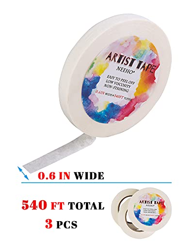 Artist Tape for Drafting Art, Neeho 3 Pack Acid-Free White Masking Tape for Watercolor Painting Canvas Framing, 0.6inch Wide 540FT Long Total