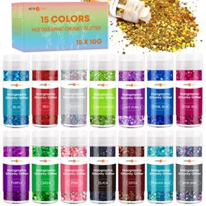 htvront holographic chunky glitter for resin – 15 colors holographic glitter for resin, 150g/5.3oz craft glitter set, chunky glitter for tumblers, craft, body, face, nails