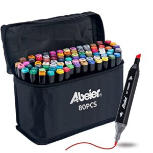 80 colors alcohol based markers, abeier dual tip drawing markers set, plus 1 colorless blender pen, permanent sketch animation markers for kids, plumones, adults coloring and artist illustration